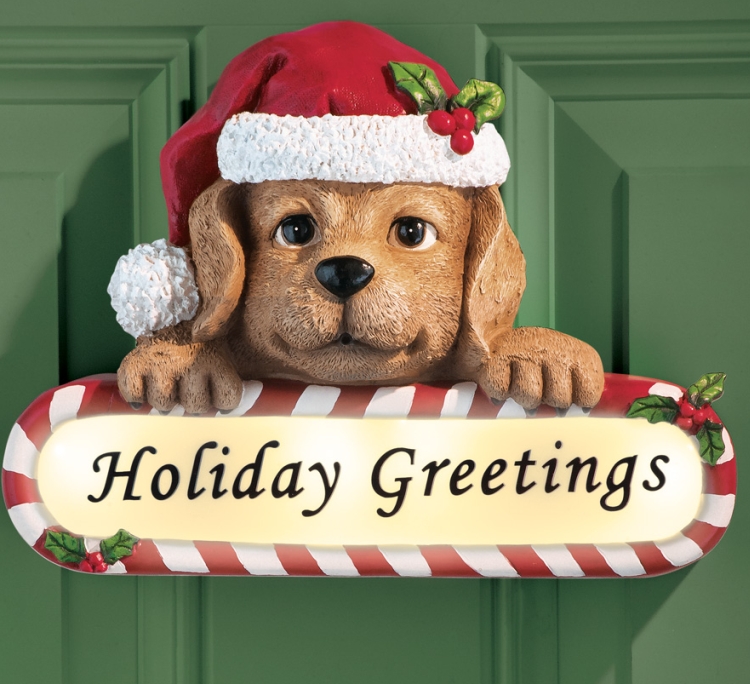 Motion Activated Puppy Holiday Greetings Door Decor | Christmas